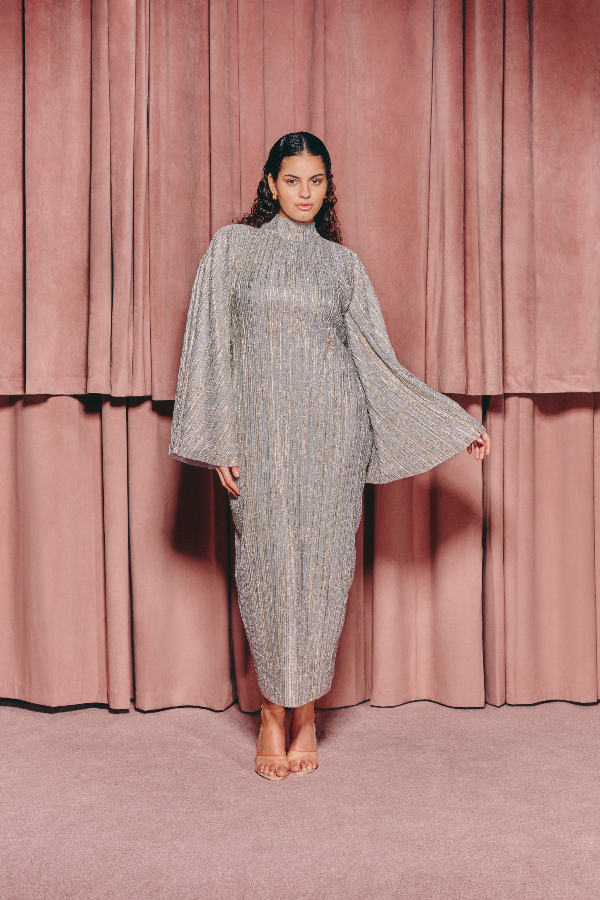 Metallic Long Sleeve Dress Silver – Dima Ayad