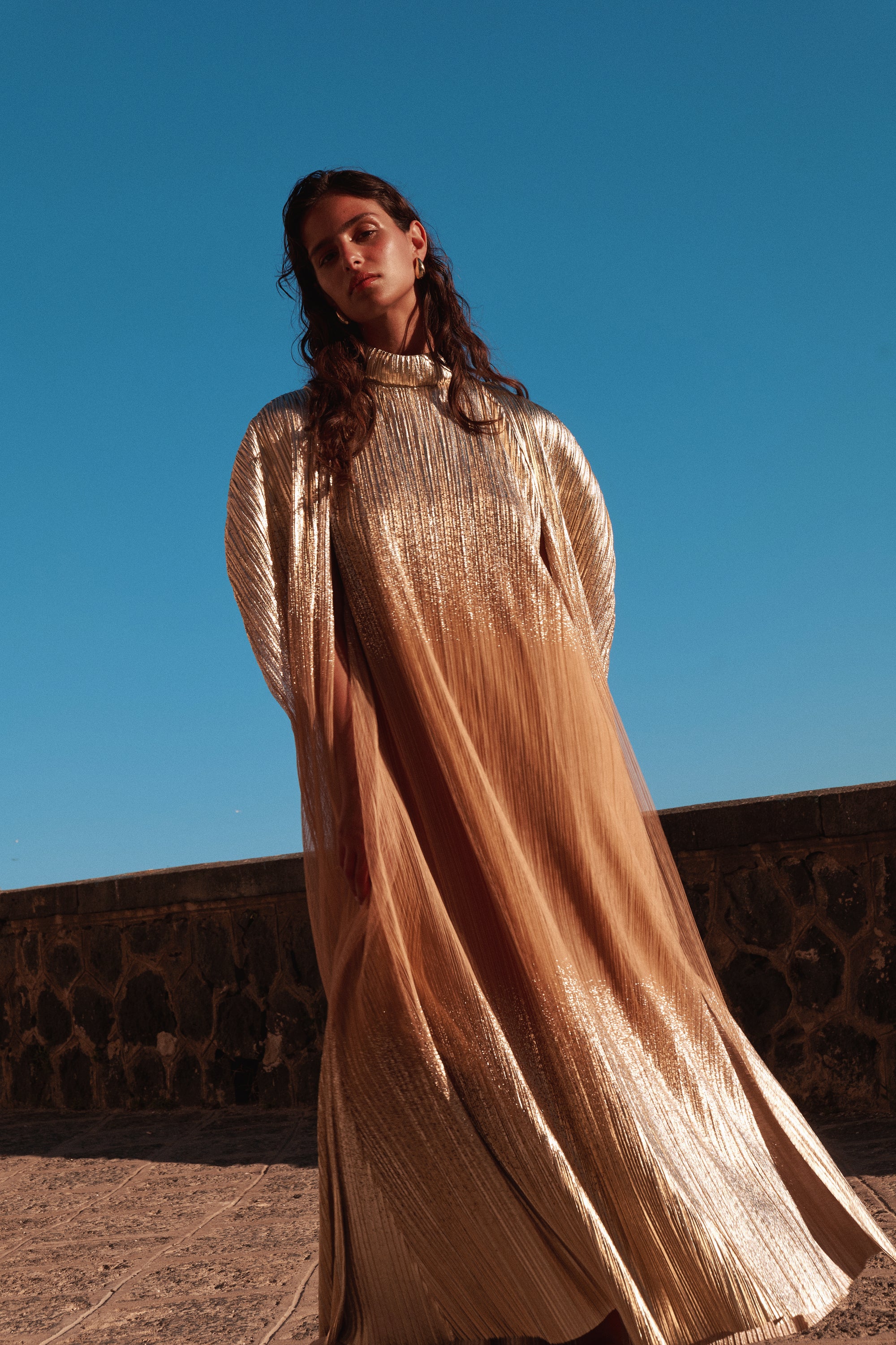 Pleated Metallic Full Cape and Dress Set – Dima Ayad