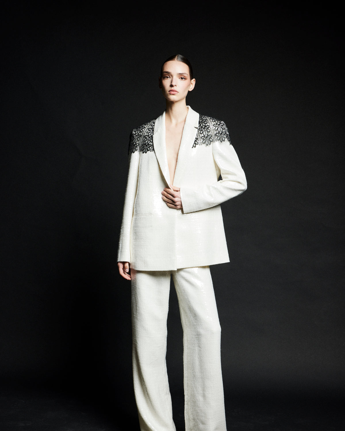 TWEED LINEN SEQUIN BLAZER WITH LACE – Dima Ayad